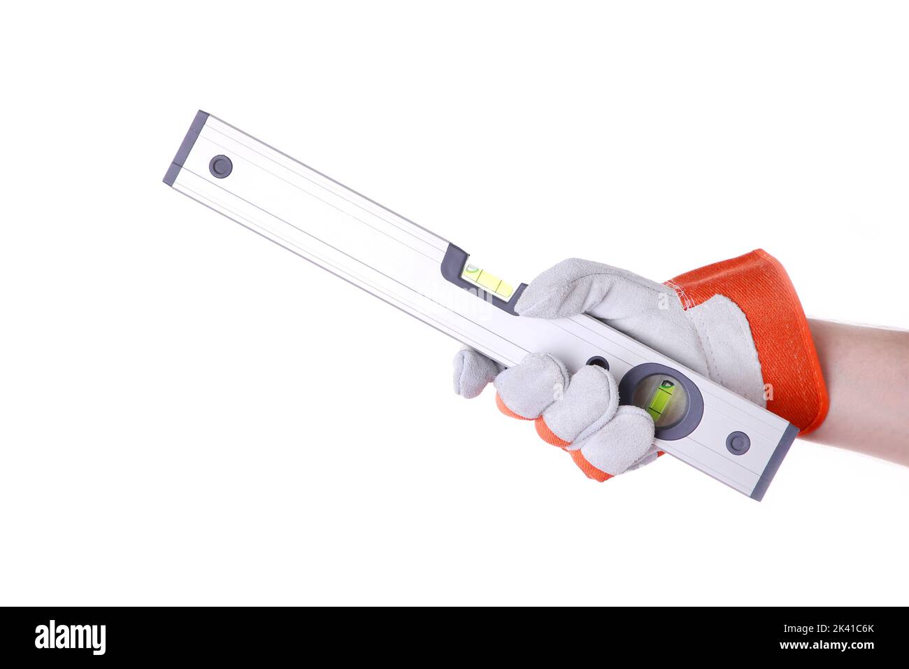 Man's hand hold water level meter isolated on white background Stock ...