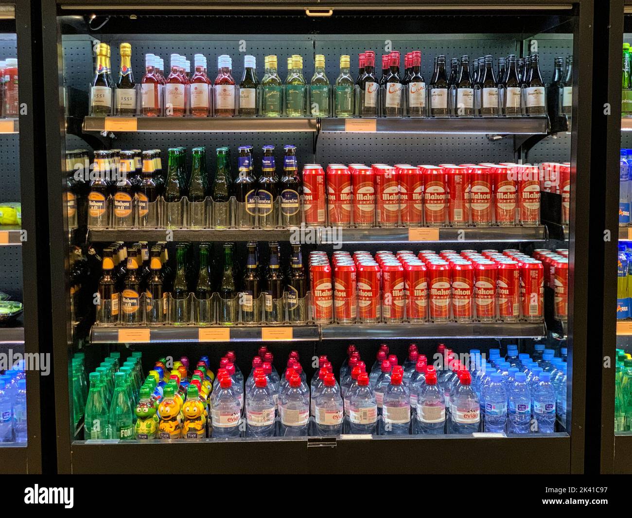 Madrid, Spain, Airport Terminal. Beer, water, and Soft Drink Selection ...