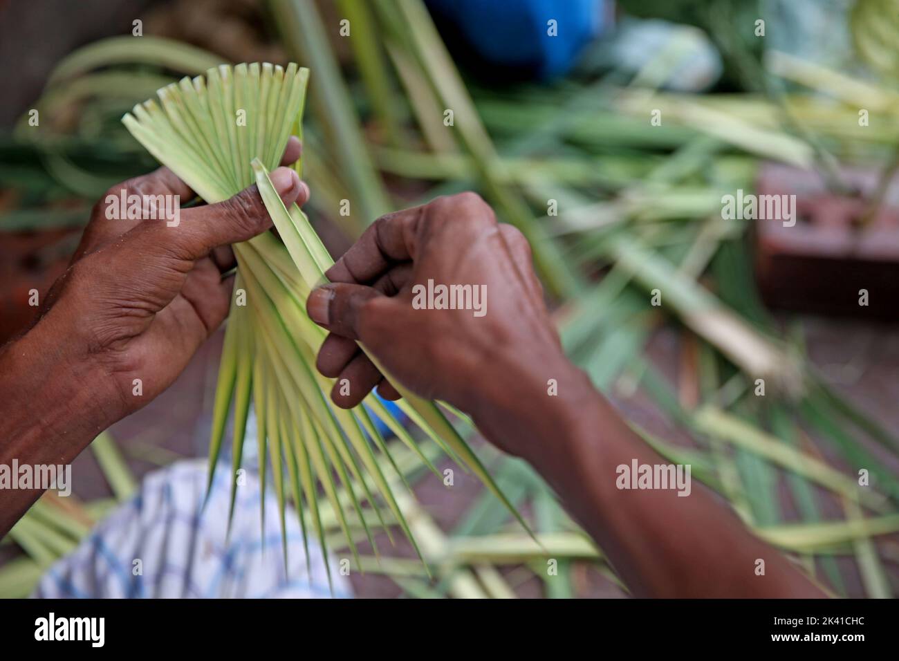 Handicraft in the form of flowers, trees and other shapes made of palm ...