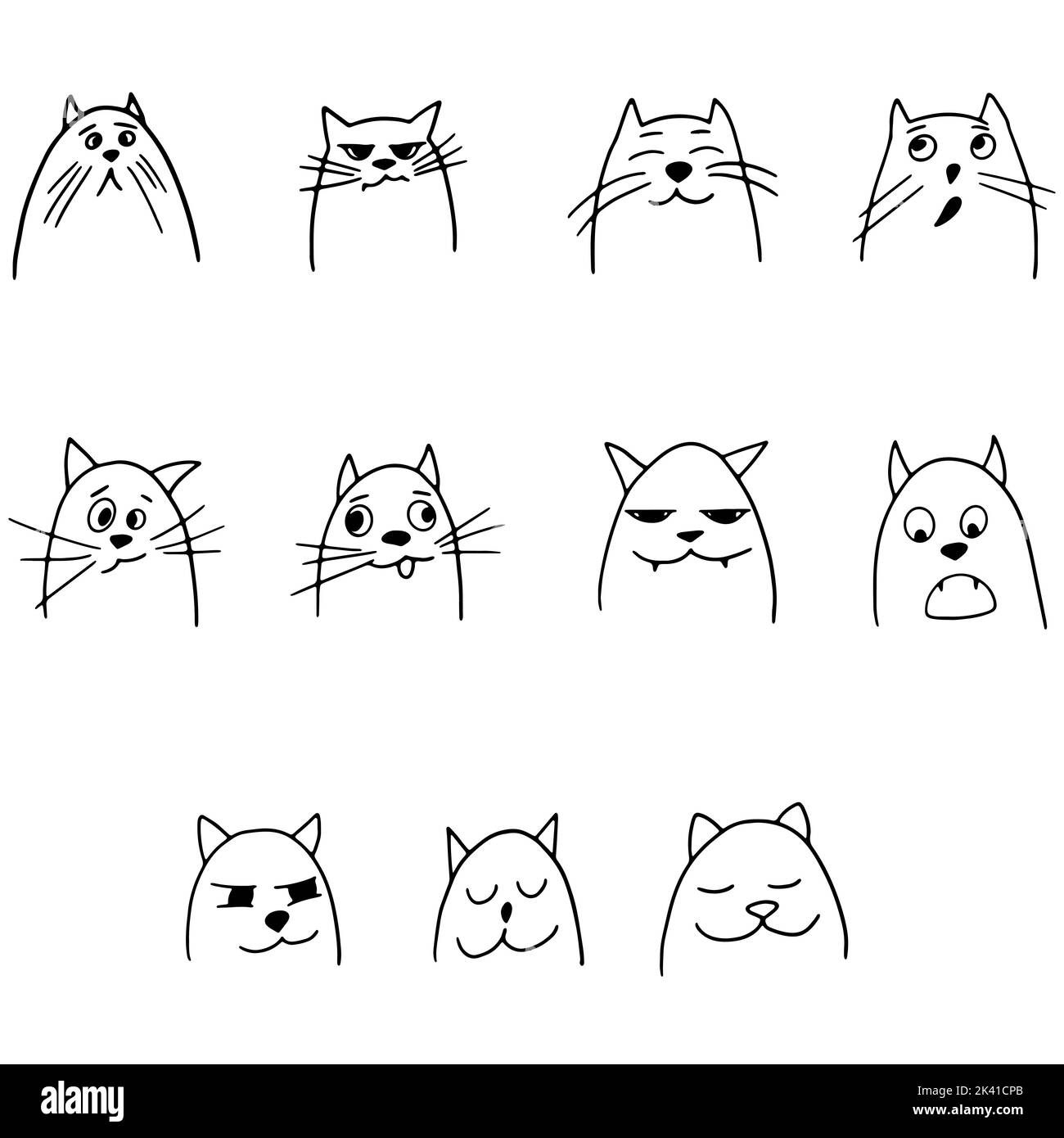Set of cats heads with different emotions in hand drawn cartoon style ...
