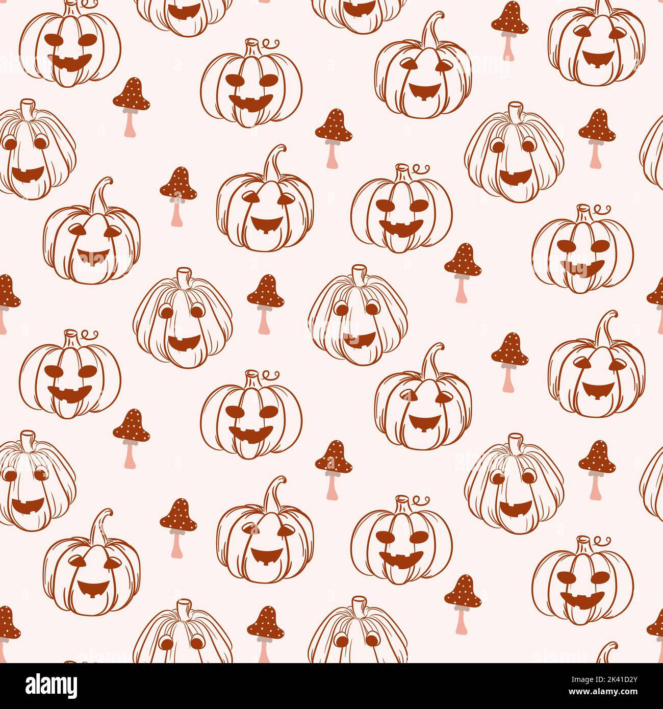 Fall cozy Halloween pumpkins and mushrooms seamless pattern background ...