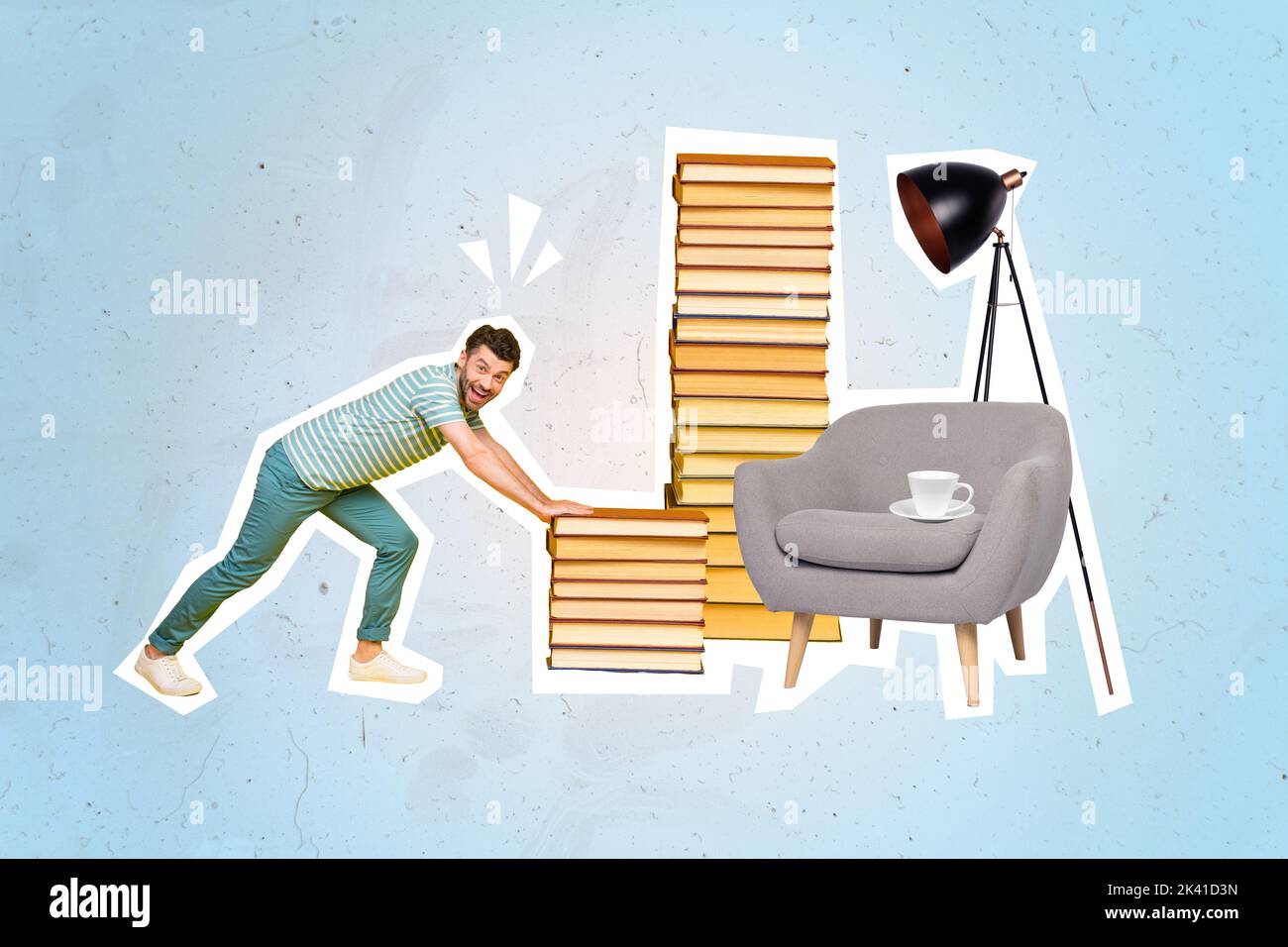 Collage photo of young funny positive excited man push hard powerful ...