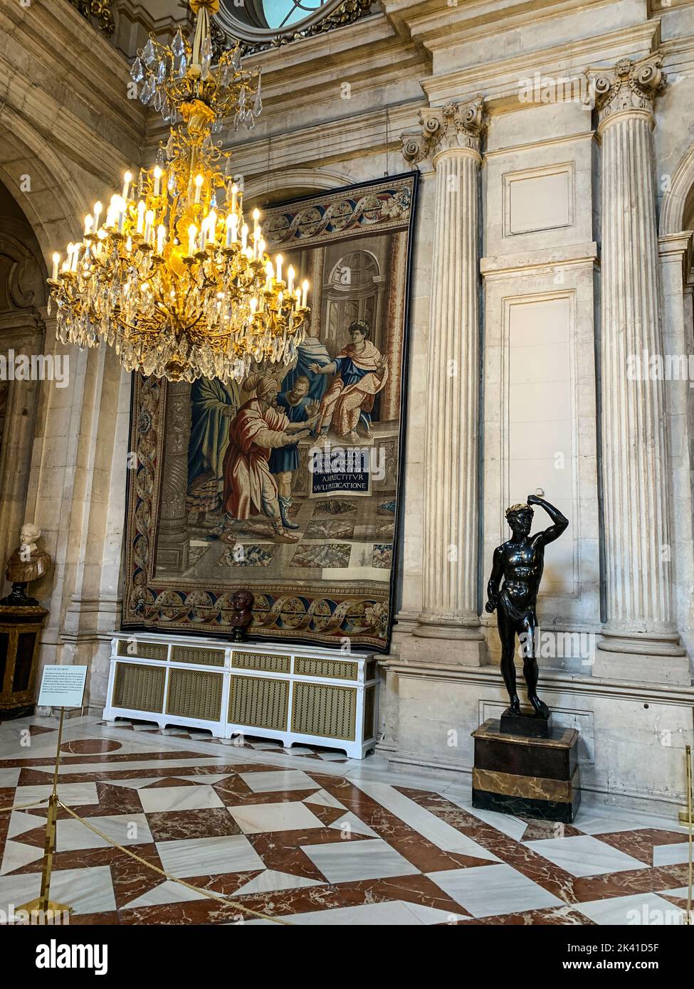 Spain, Madrid. Royal Palace.Hall of Columns, with 17th Century tapestry ...