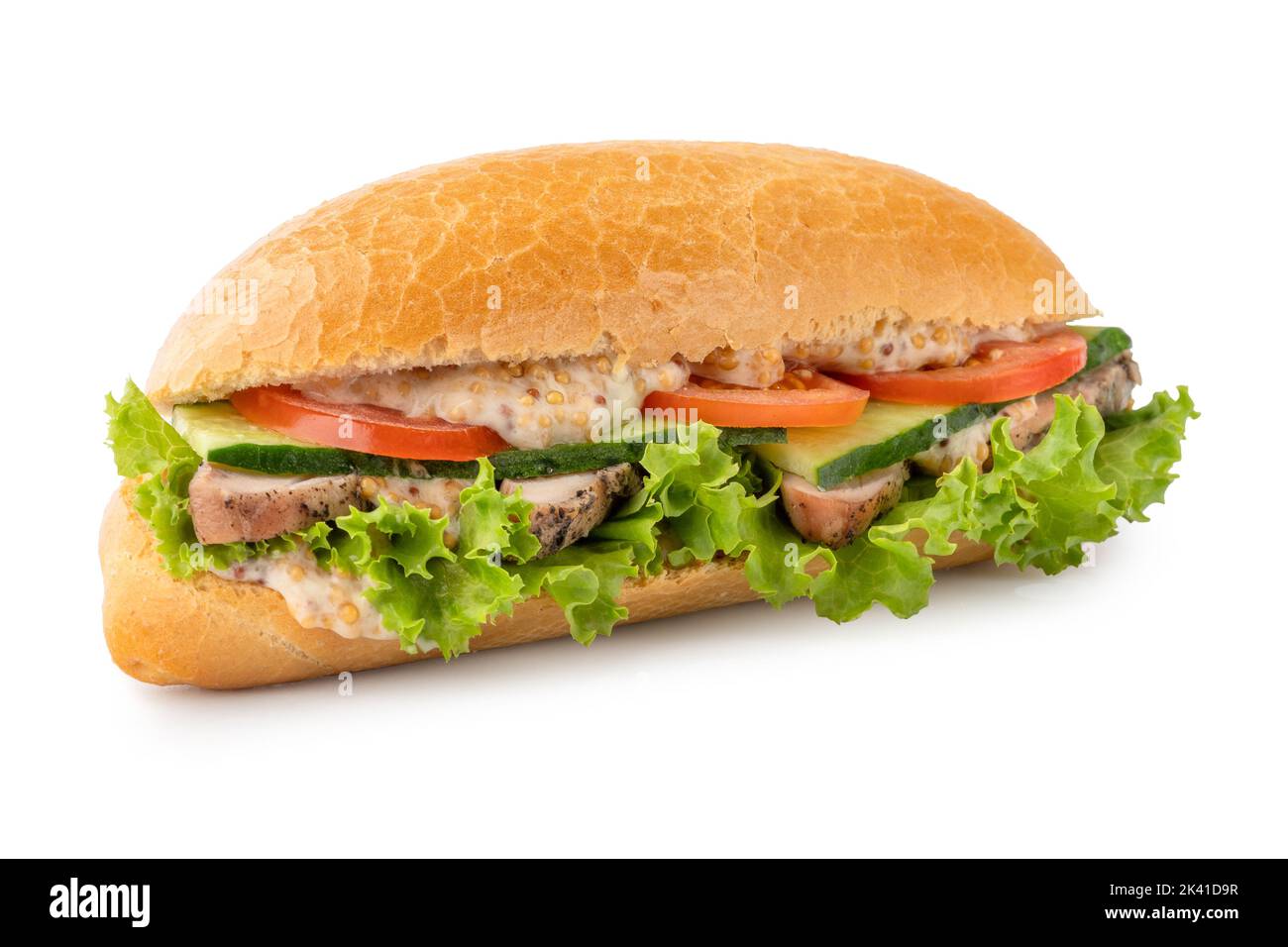Sandwich bun with meat, tomato, cucumber, lettuce isolated on white ...