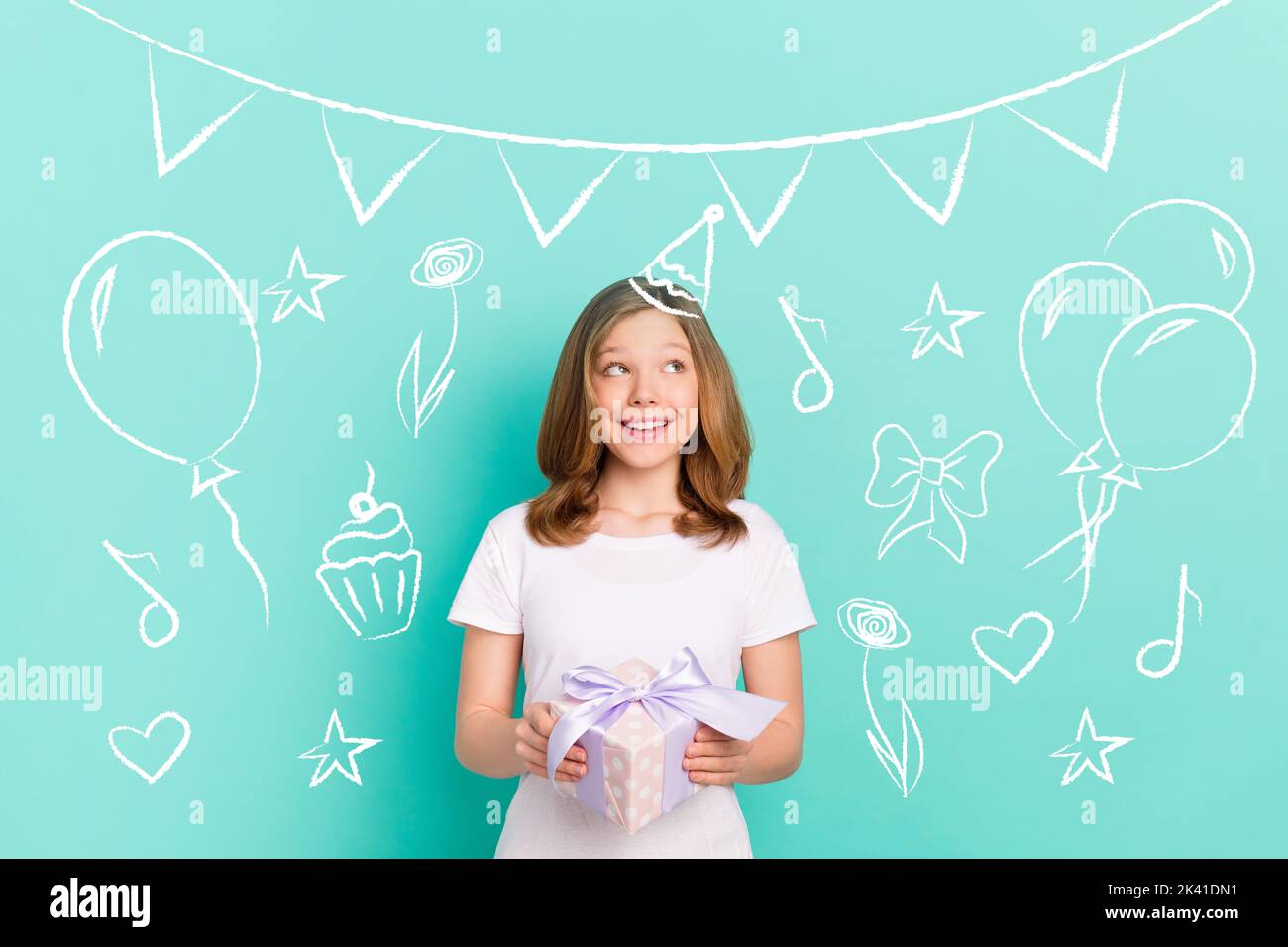 Creative drawing collage picture of cute little girl holding birthday ...