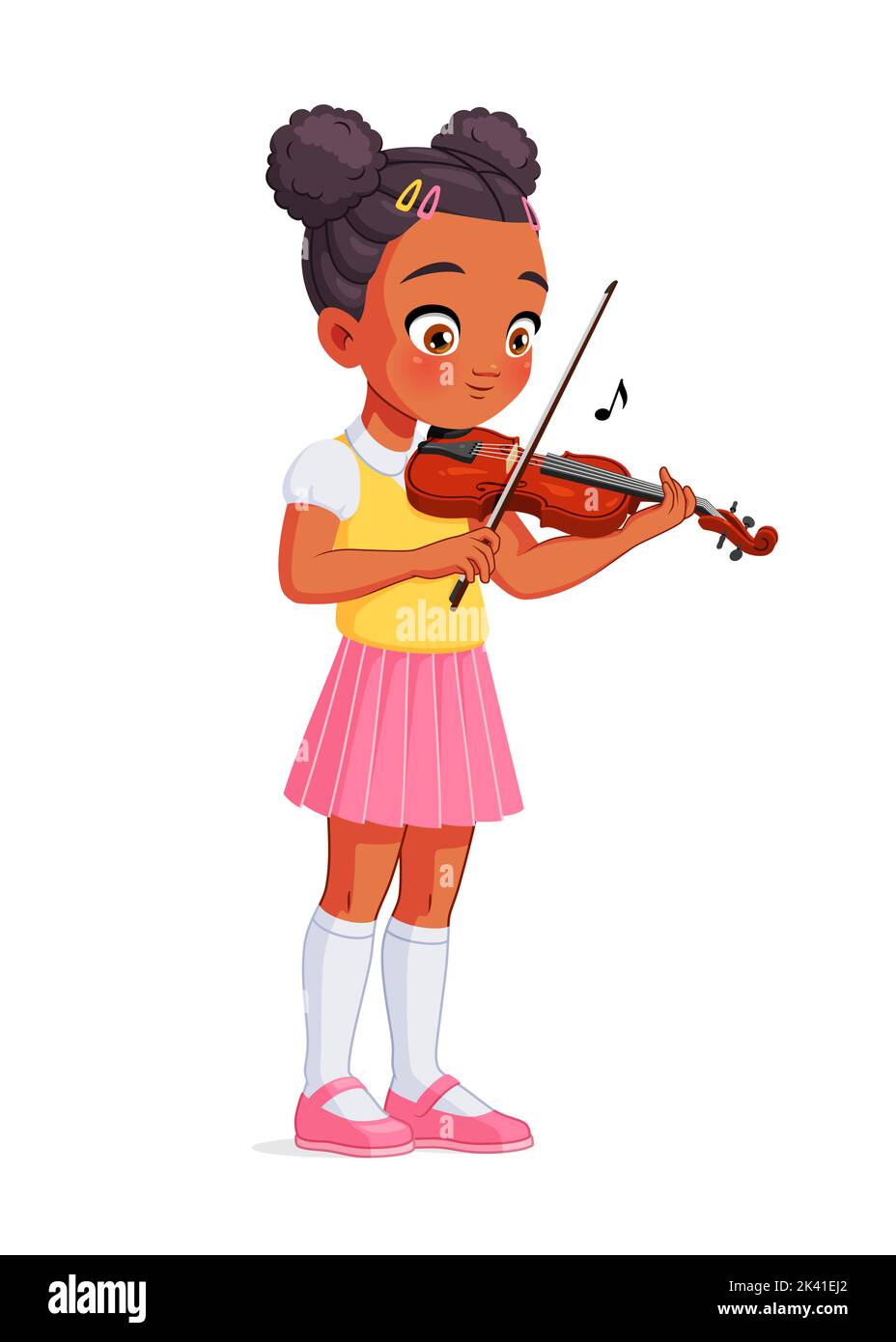 African American school girl playing violin. Cartoon vector ...