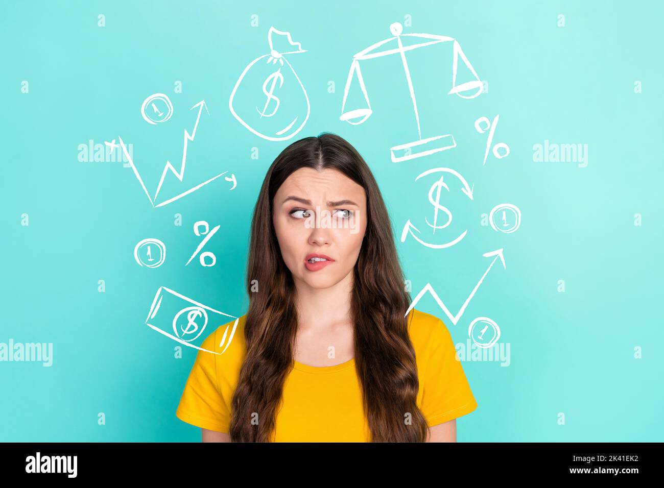 Composite collage image of minded girl bite lip hesitate think money ...