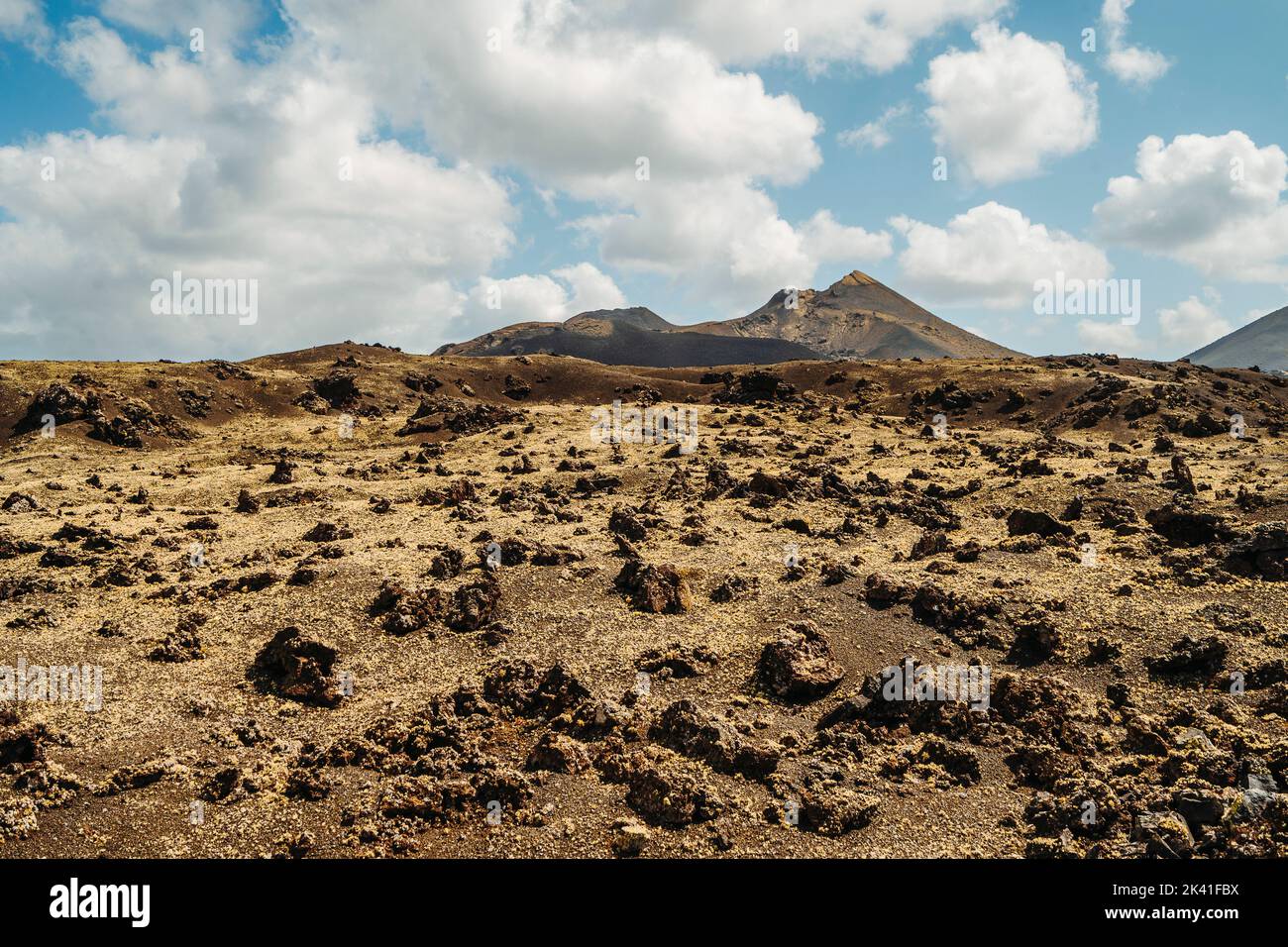 Amazing volcanic landscape with lava fields in Timanfaya National Park ...