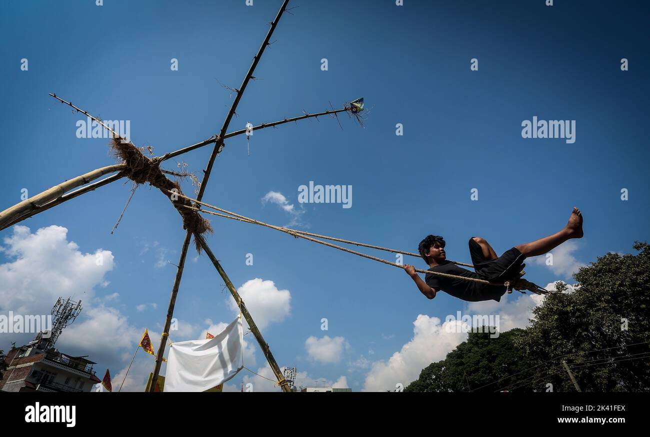 September 29, 2022, Kathmandu, Bagmati, Nepal: A boy plays on a ...