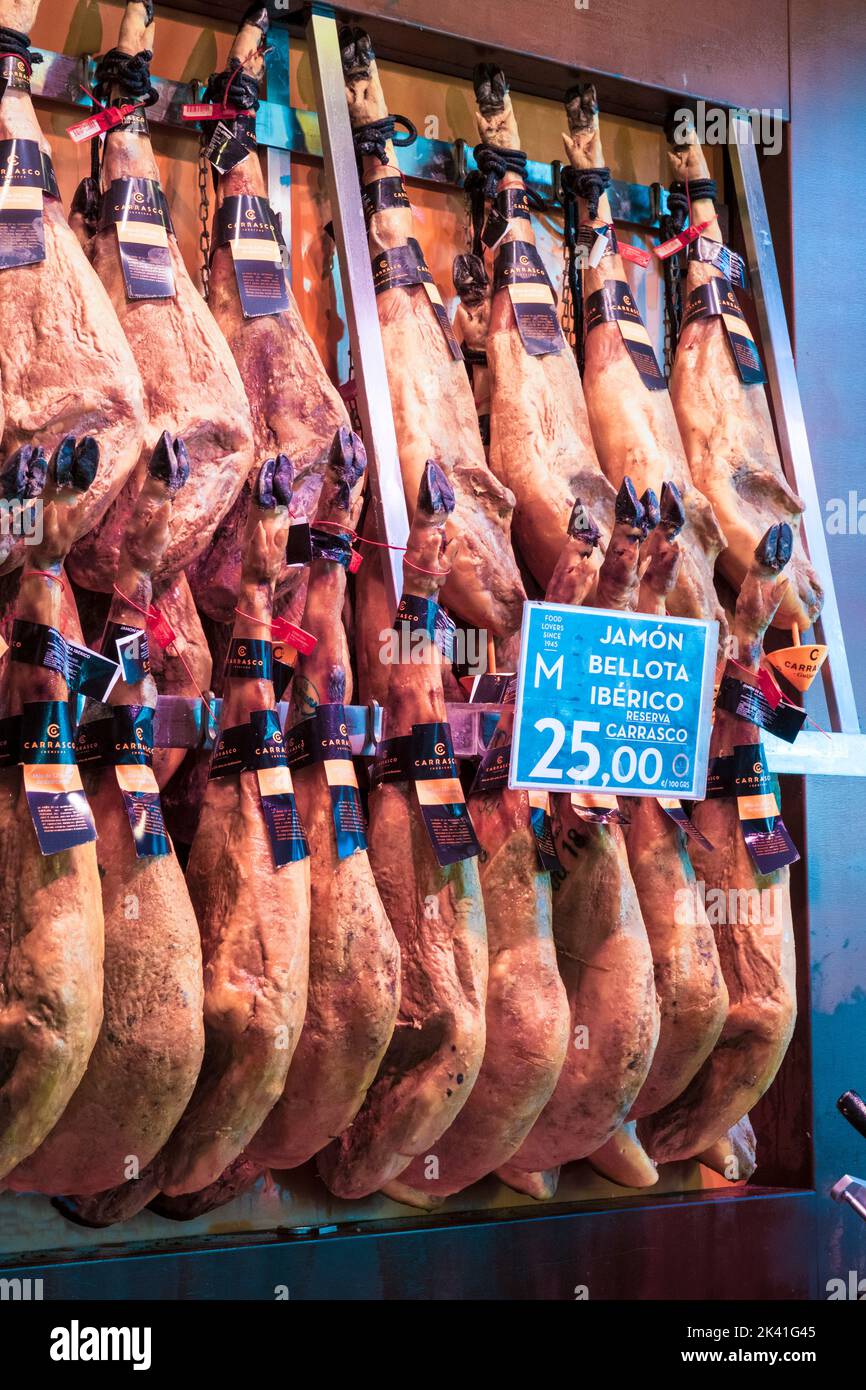 Spain, Madrid. Market of San Miguel. Spanish Ham for sale Stock Photo ...