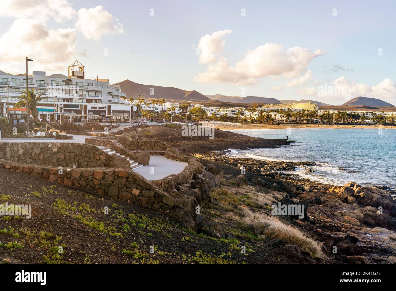 View of the resort town named Costa Teguise, Lanzarote, Canary Island ...