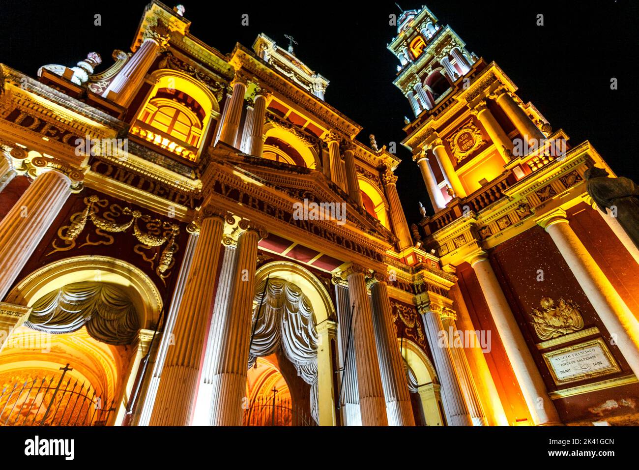 Illuminated exterior of the San Francisco church in Salta by night ...
