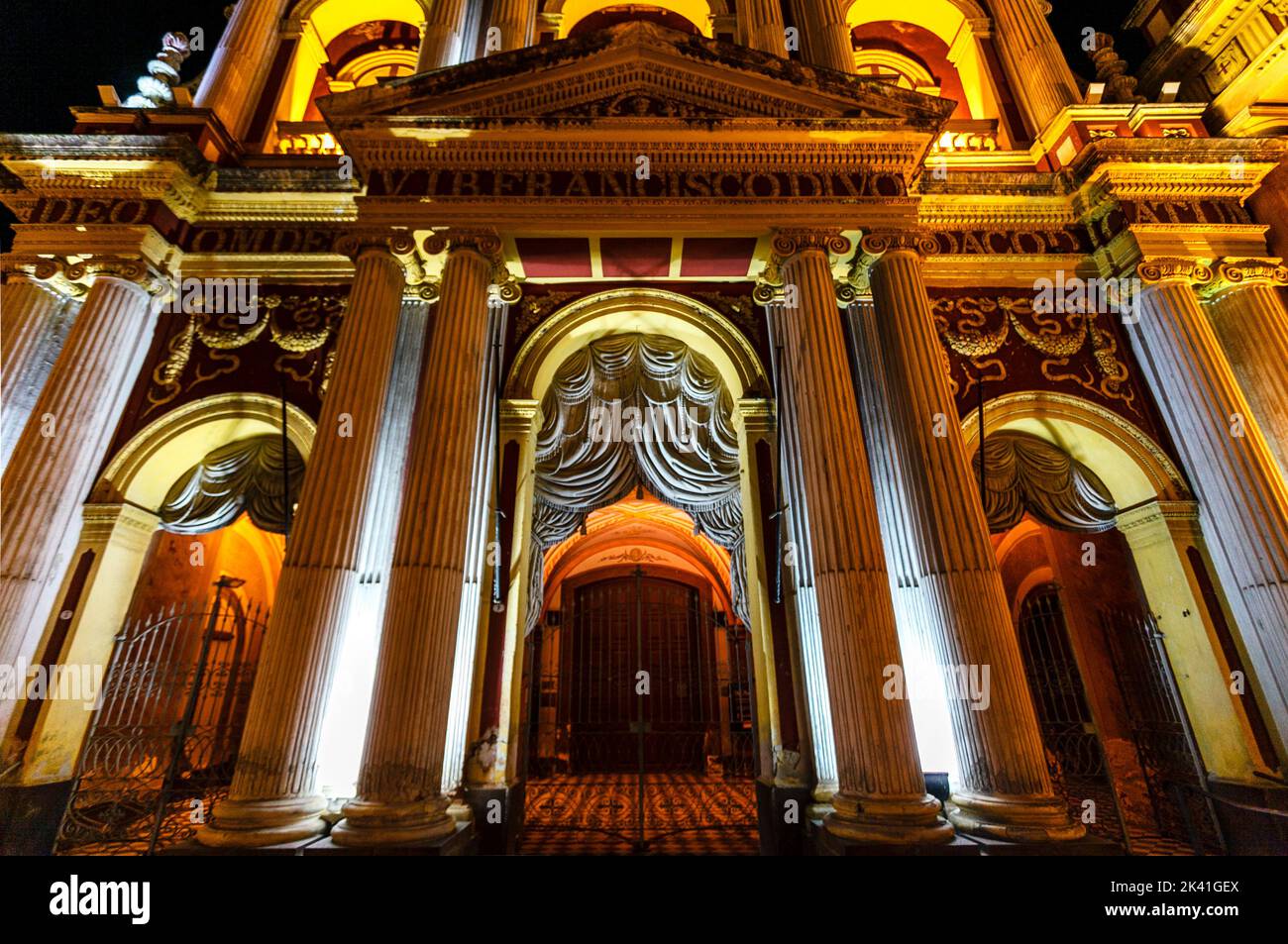 Illuminated exterior of the San Francisco church in Salta by night ...