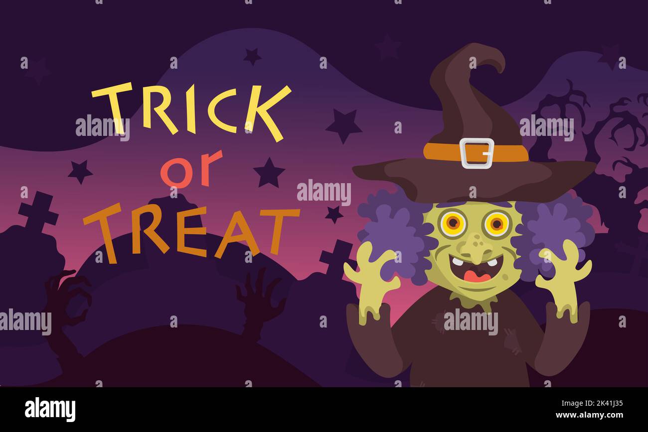 vertical background with witch and inscription halloween trick or treat ...