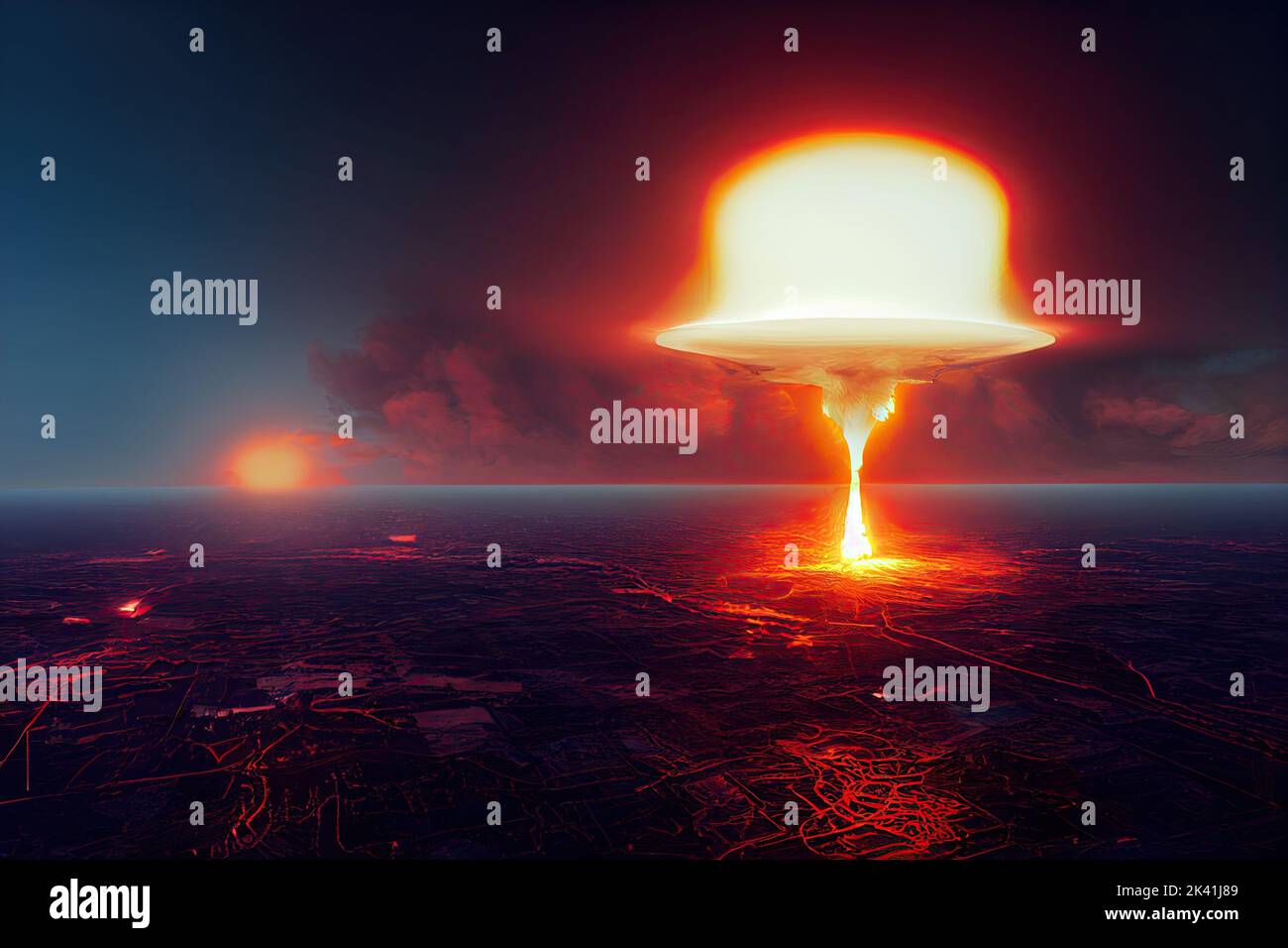 An explosion in a city skyline making a nuclear fire mushroom cloud in ...