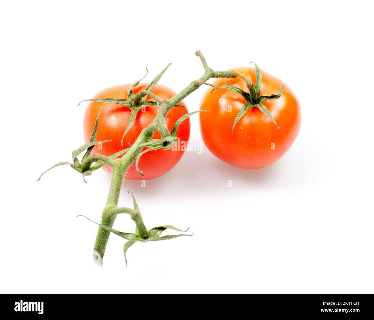Two fresh tomatoes with green leaves isolated on white background Stock ...