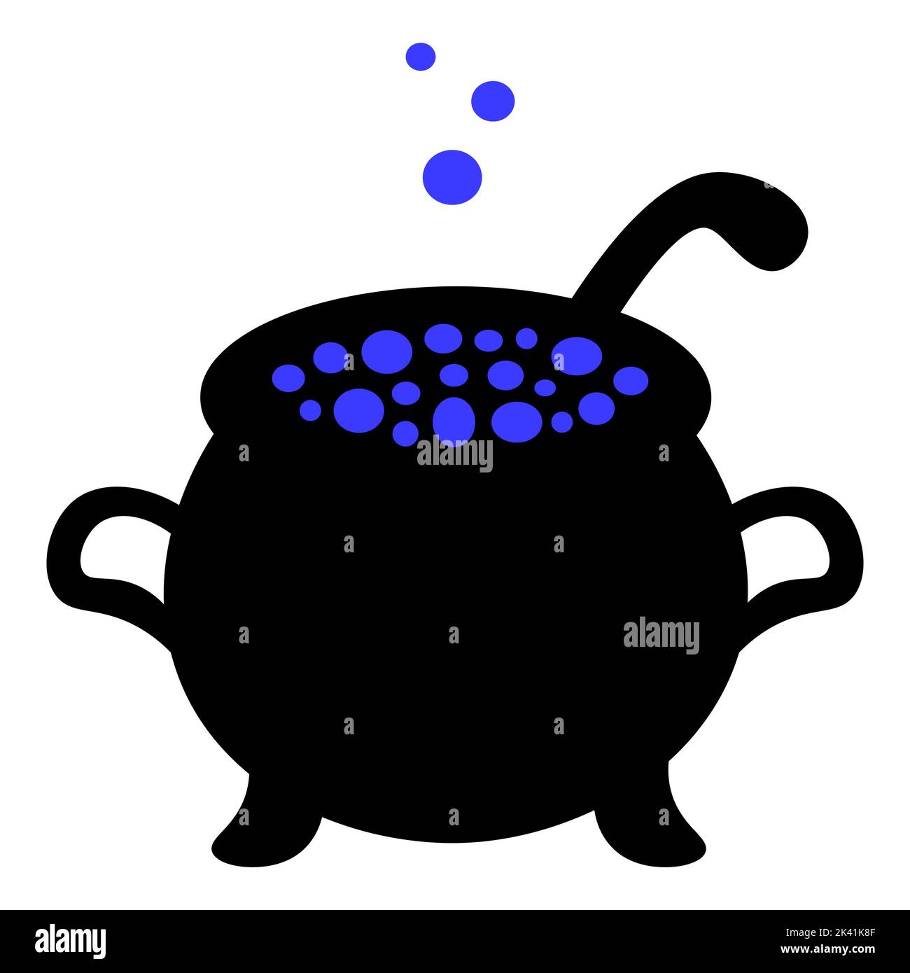 Cauldron of boiling potion. Silhouette. Bubbles of blue are flying ...