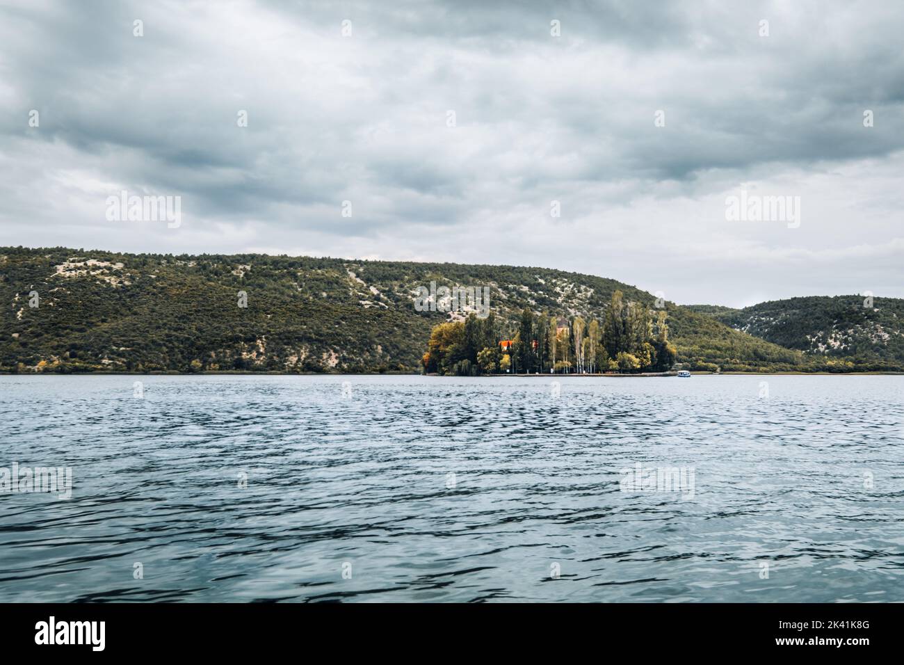 Fall landscape Visovac Monastery, located in Krka National Park &built ...