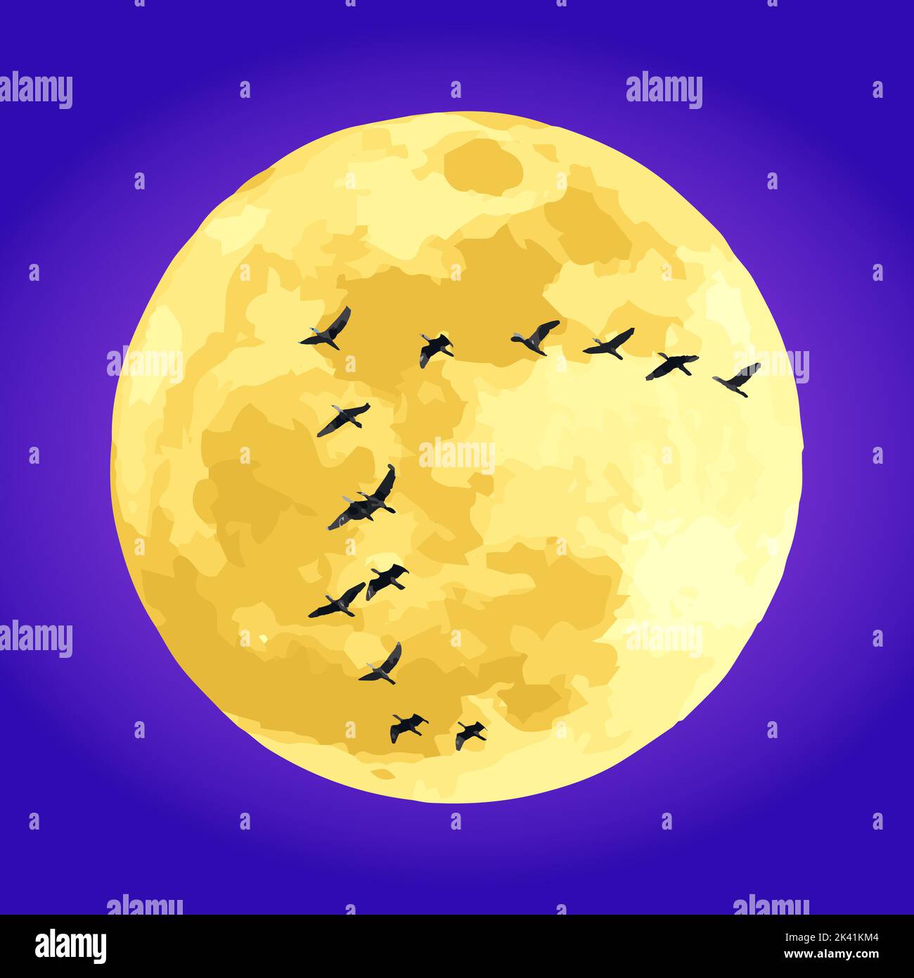 A flock of egrets flying in the sky, The background is the moon Stock ...