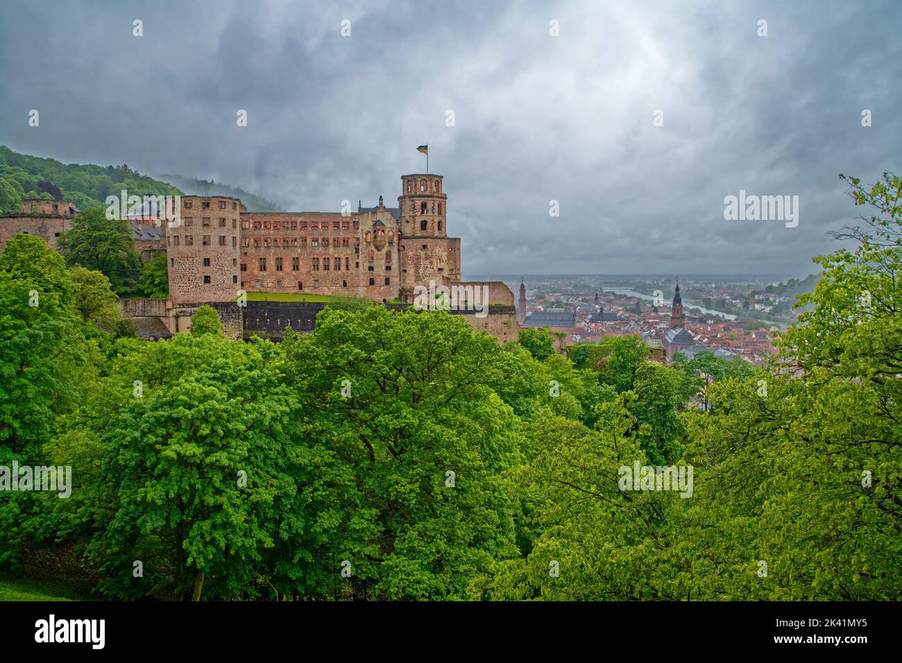 Rain clouds over Heidelberg, from Scheffelterrasse view of castle and ...