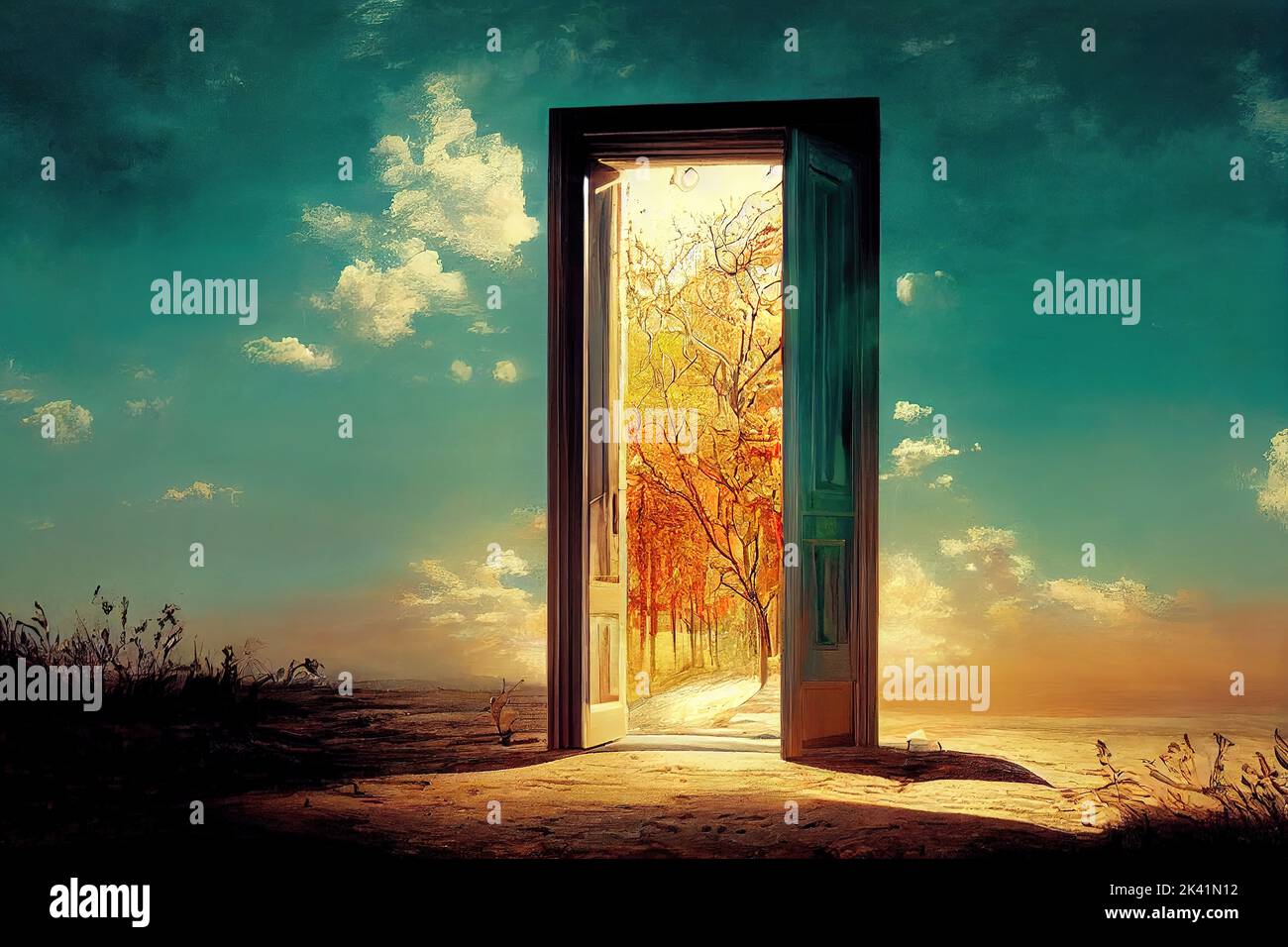 Open door from autumn to summer landscape. Season and travel concept ...