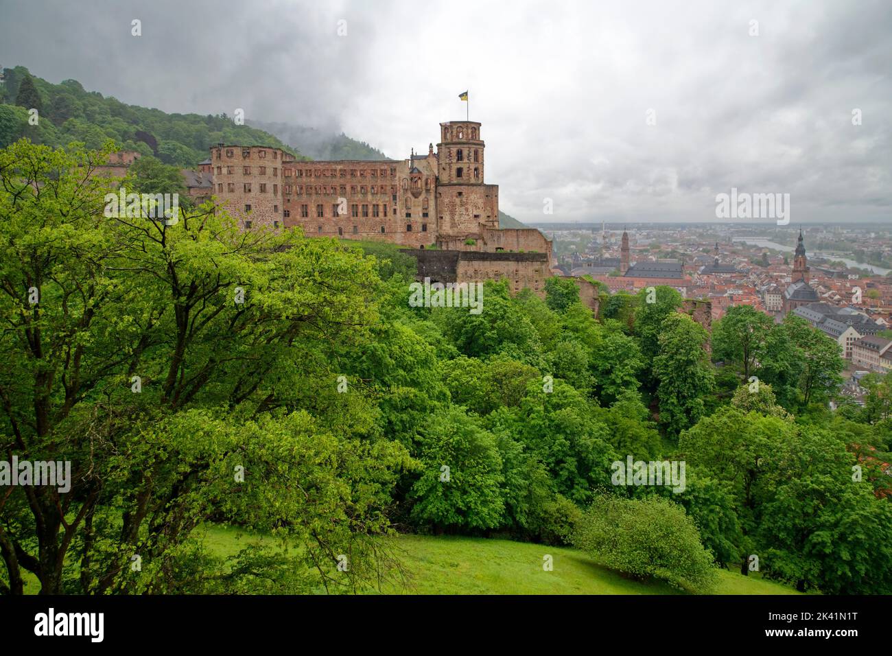 Rain clouds over Heidelberg, from Scheffelterrasse view of castle and ...