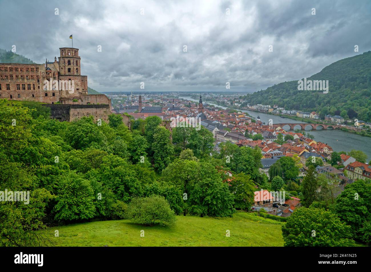 Rain clouds over Heidelberg, from Scheffelterrasse view of castle, town ...