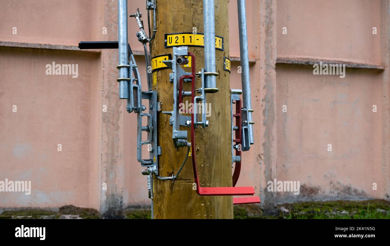 High-voltage disconnector on a wooden transmission line support Stock ...