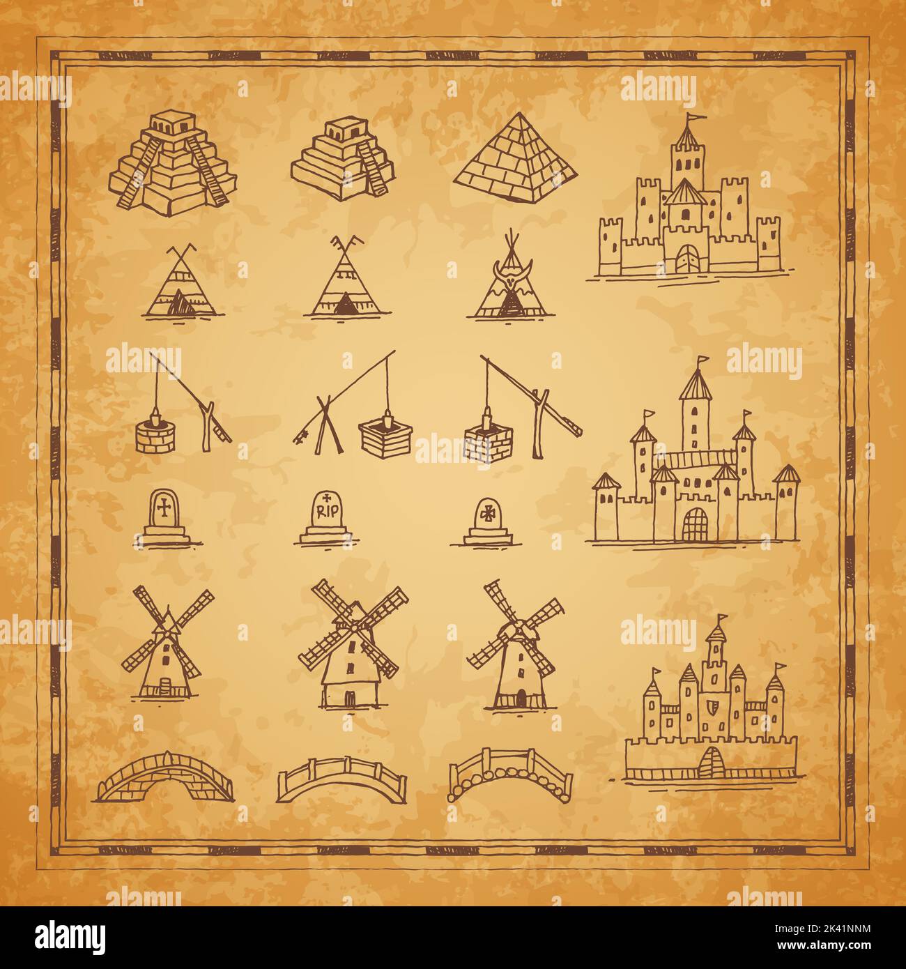 Vintage map sketches of castle, pyramid, bridge and windmill, tomb ...