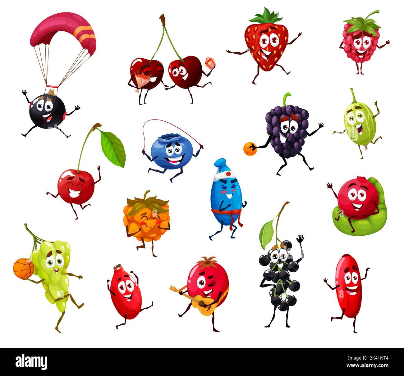 Funny cute dancing, sporting and relaxing cartoon berry characters ...