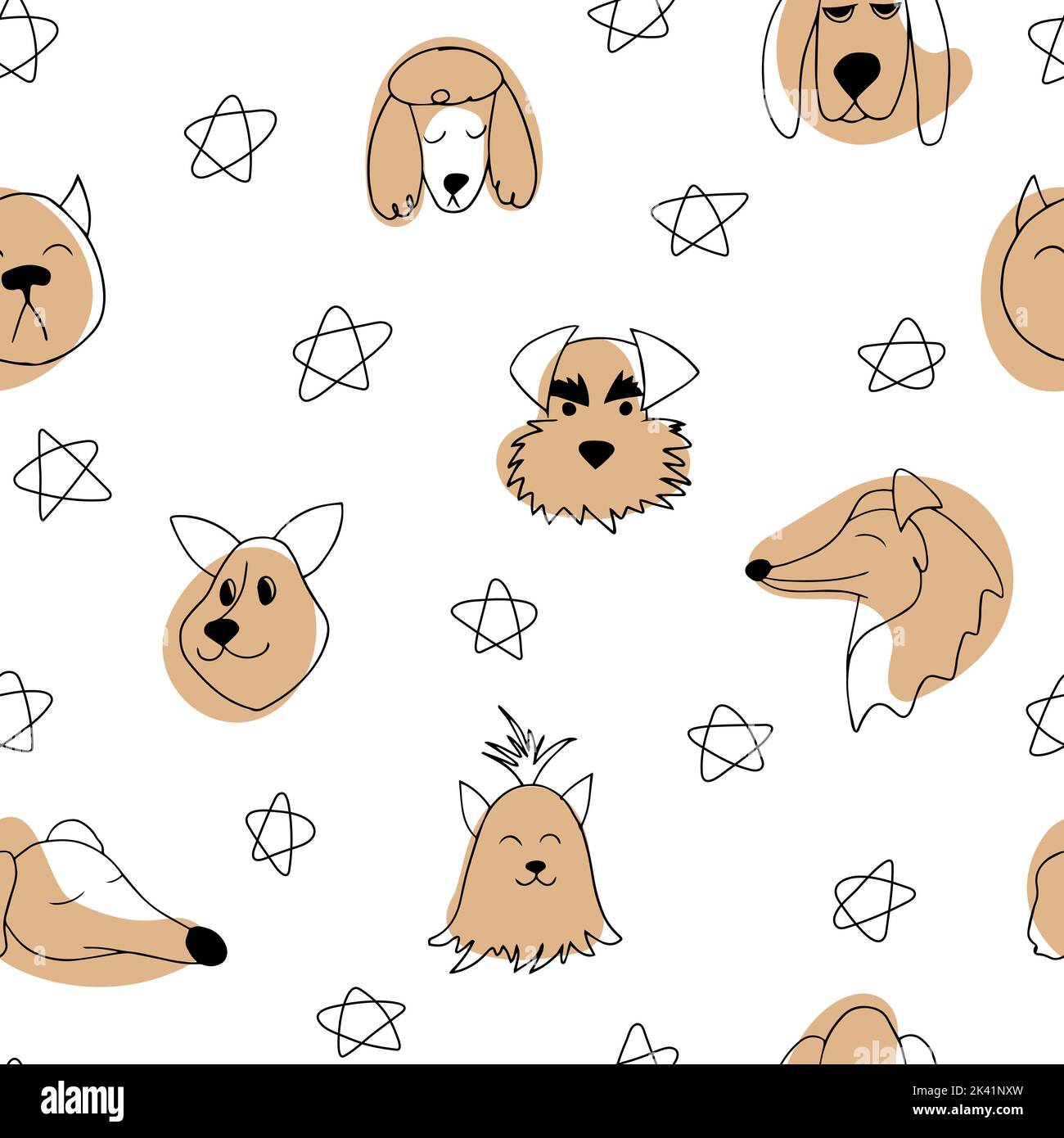 Vector seamless pattern with outline dogs of different breeds. Doodle ...