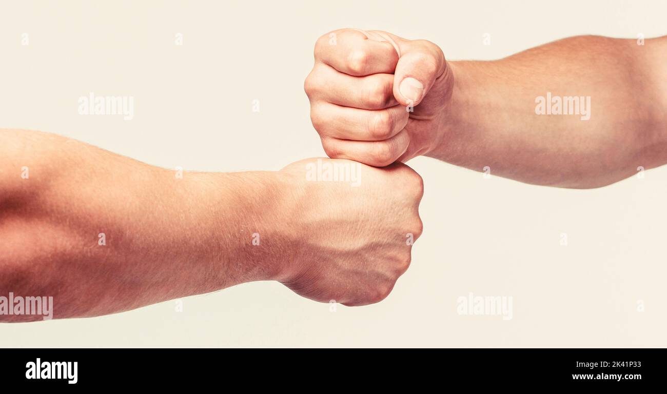 Two hands, isolated arm. Hands of man people fist bump team teamwork ...