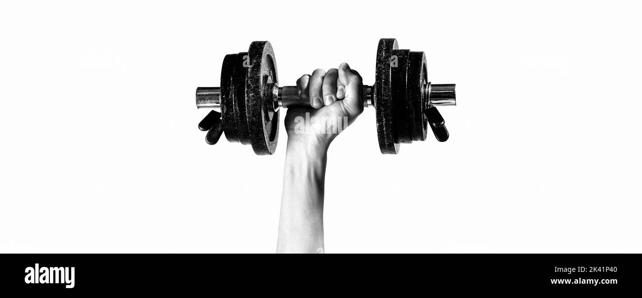 Male maleraising a dumbbell. Man hand holding dumbbell in hand. Black ...