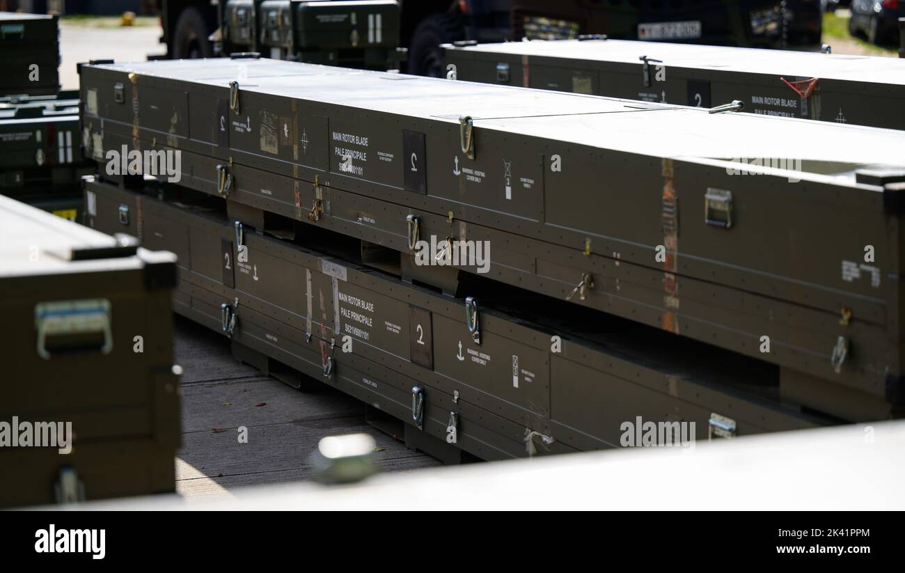 20 September 2022, Lower Saxony, Faßberg: Boxes for main rotor blades ...
