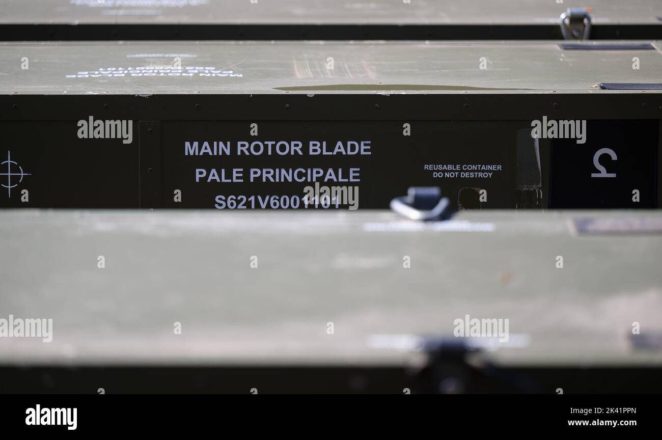 20 September 2022, Lower Saxony, Faßberg: Boxes for main rotor blades ...