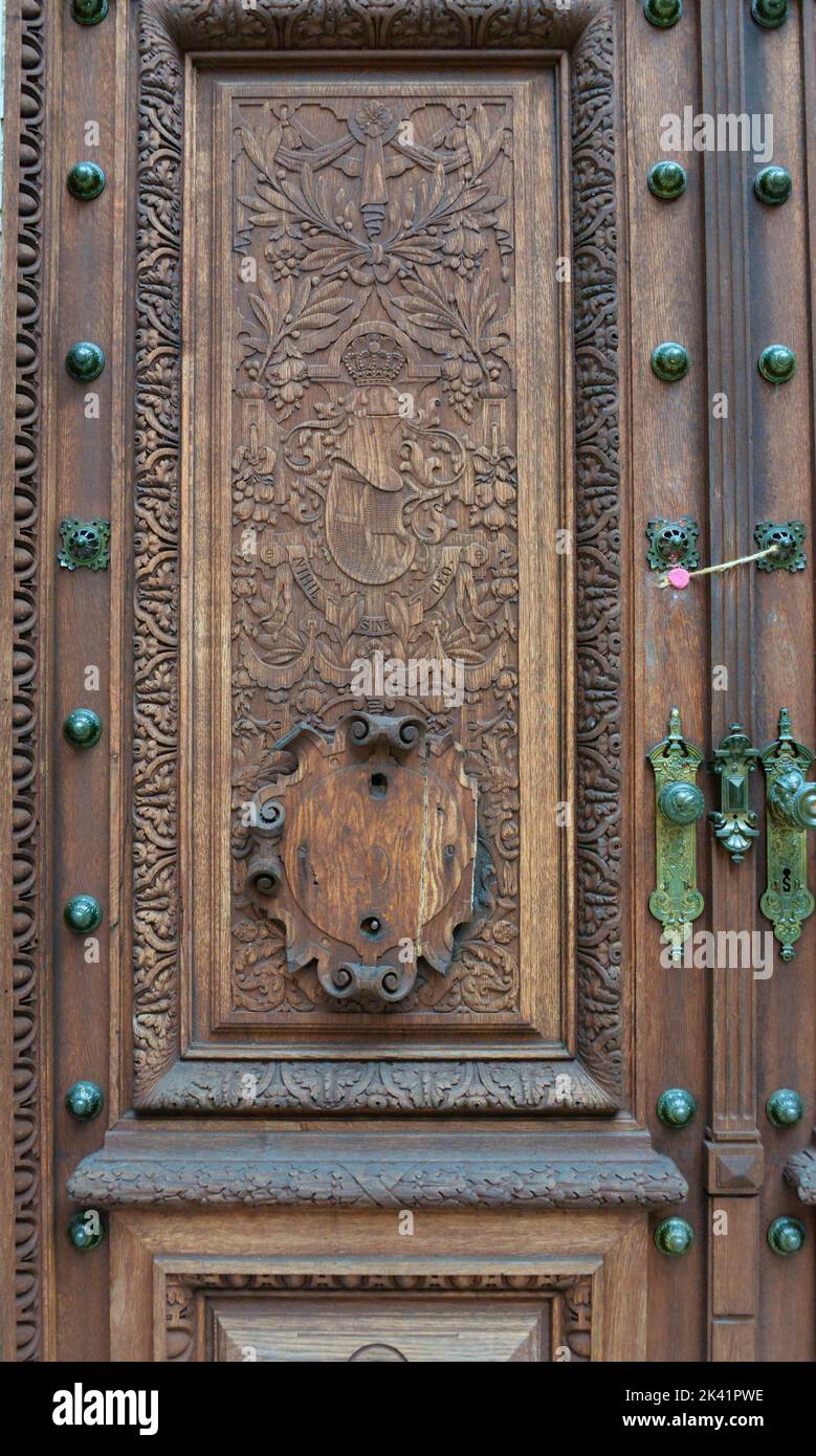 Old castle wooden door and wall architecture Stock Photo - Alamy