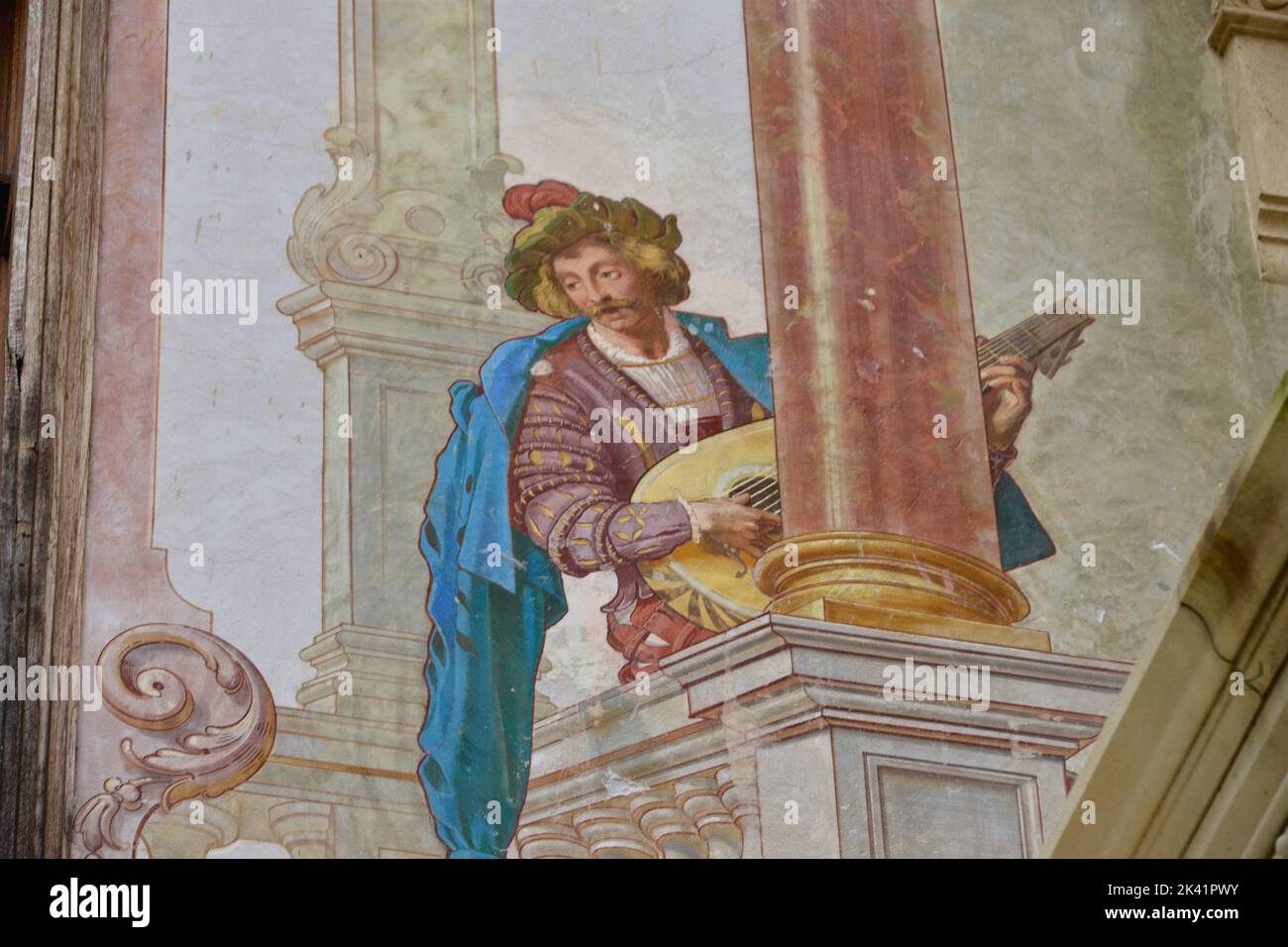 Allegoric frescos on the walls of interior courtyard of Peles castle ...