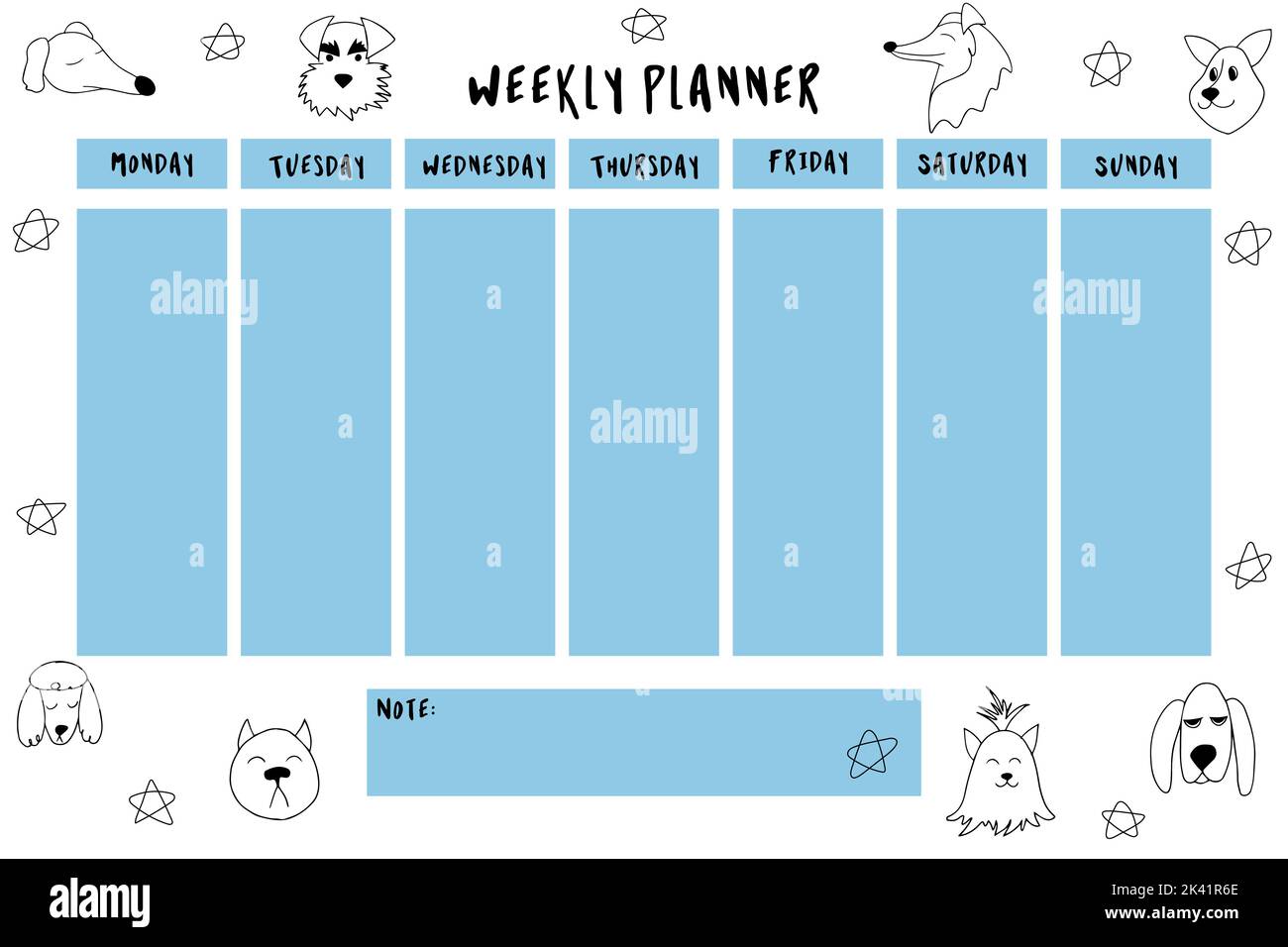 Weekly planner with cute outline dogs and stars in doodle cartoon style ...
