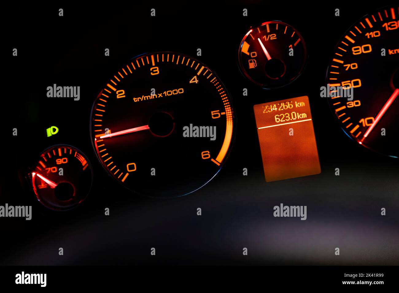 Red Car Tachometer in the dark. Symbol of speed. Dashboard with ...