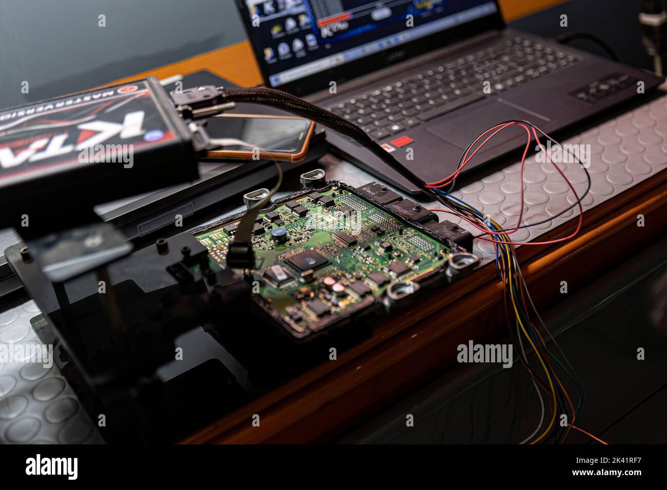 Rome, Italy 29 september 2022: Detail of Car ecu bench reading method ...