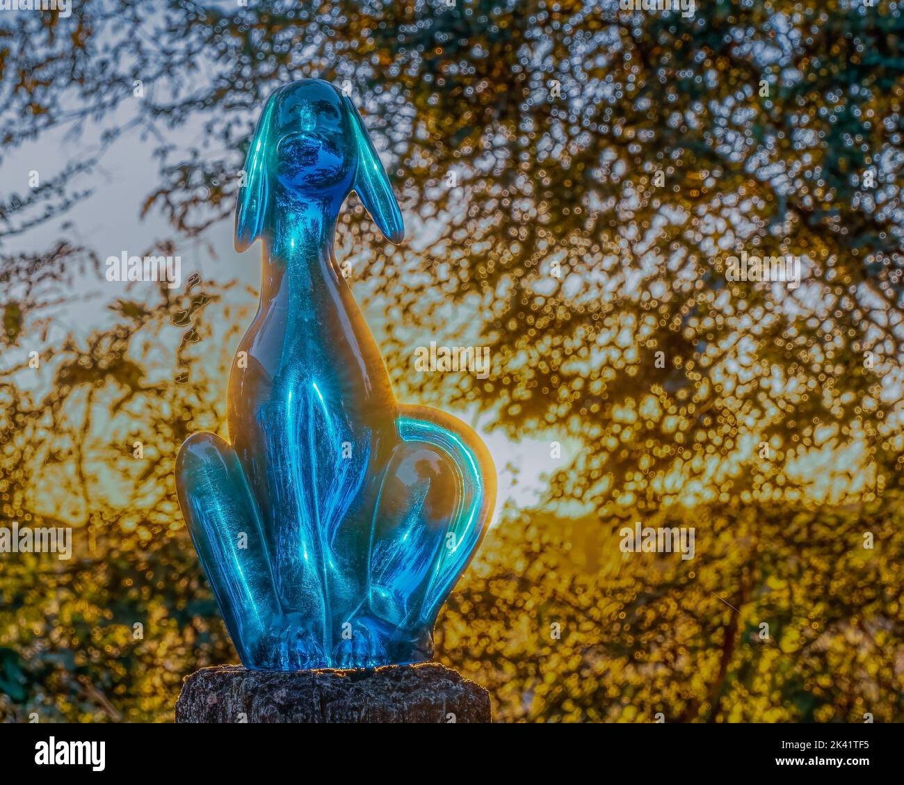 Glass dog figurine with an outside afternoon glowing sunset background ...