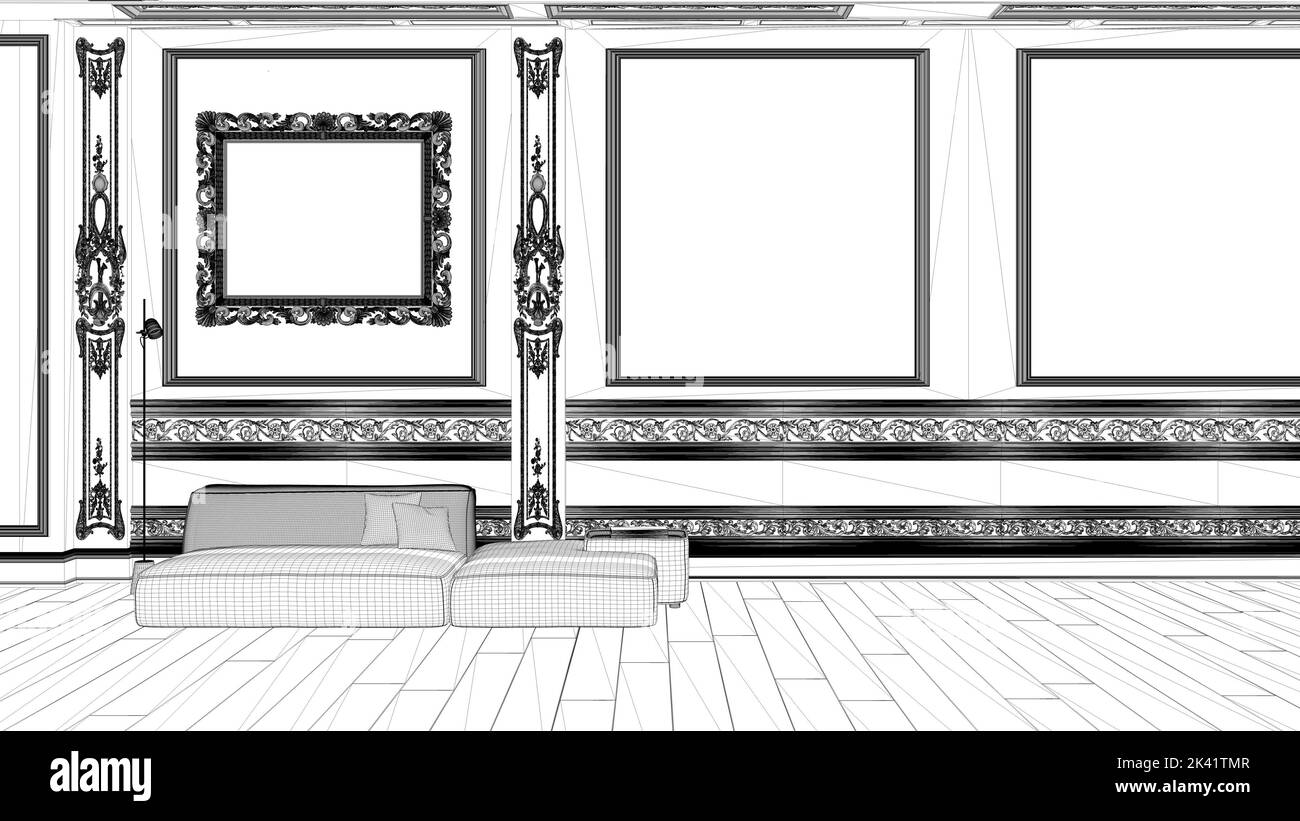 Blueprint project draft, modern furniture in classic apartment, living ...