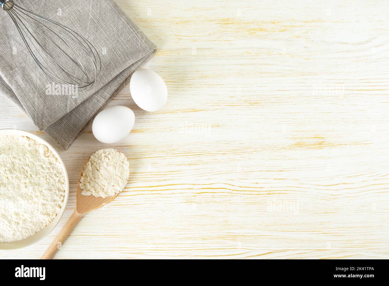 Baking cooking Ingredients background with copy space. Flour, eggs and ...