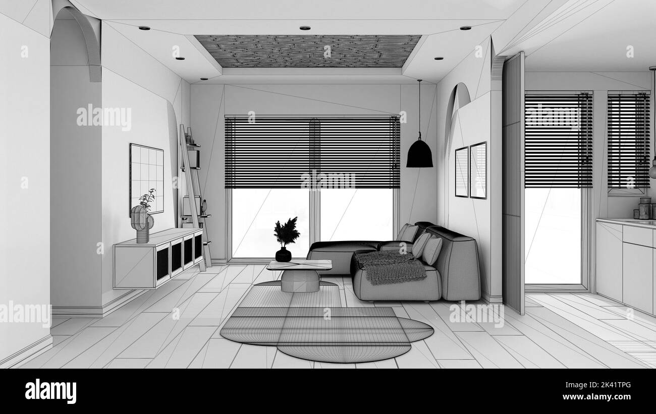 Unfinished project draft, modern wooden living room, velvet sofa with ...