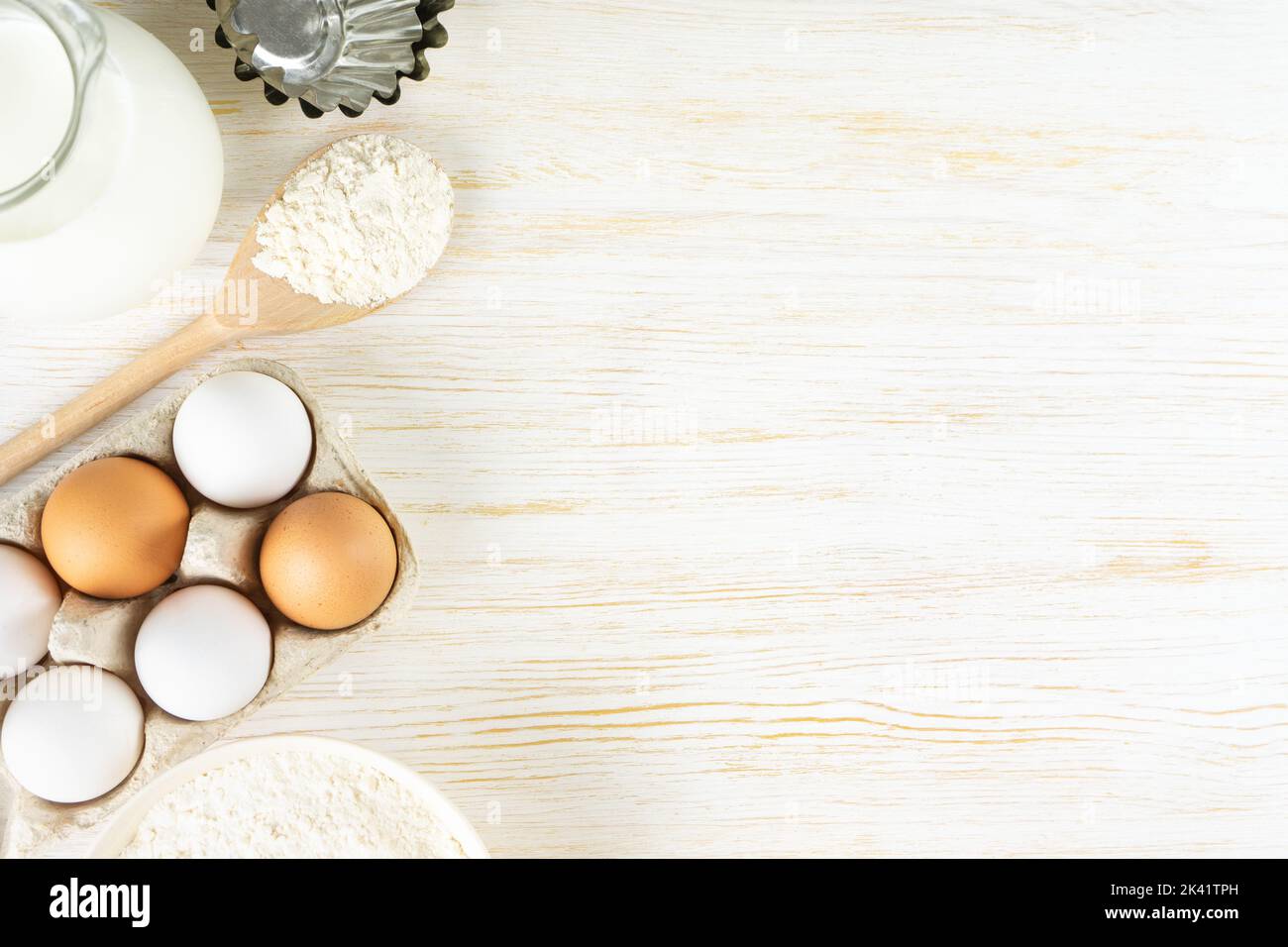 Baking cooking Ingredients background with copy space. Flour, eggs ...