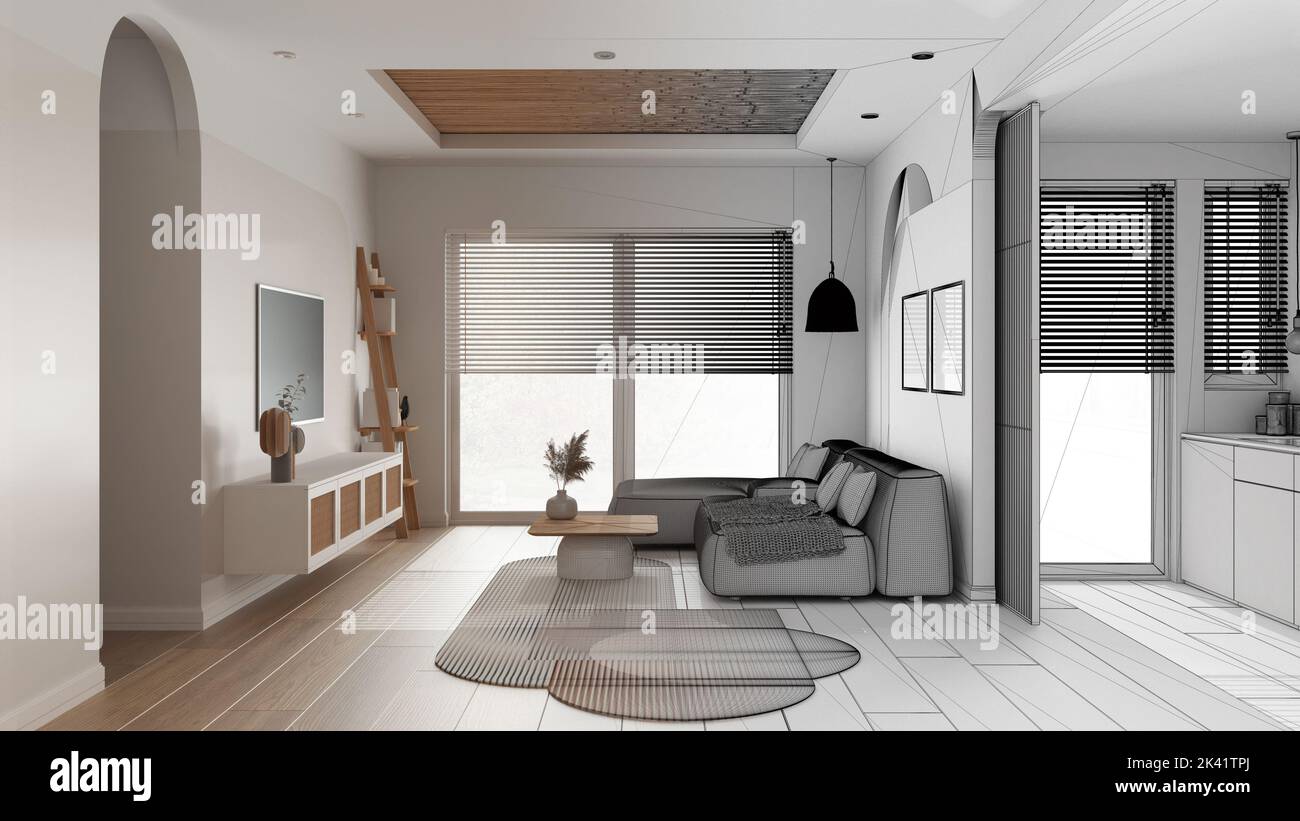 Architect interior designer concept: hand-drawn draft unfinished ...