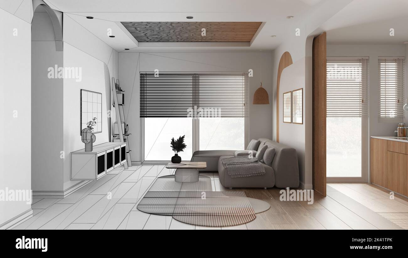 Architect interior designer concept: hand-drawn draft unfinished ...