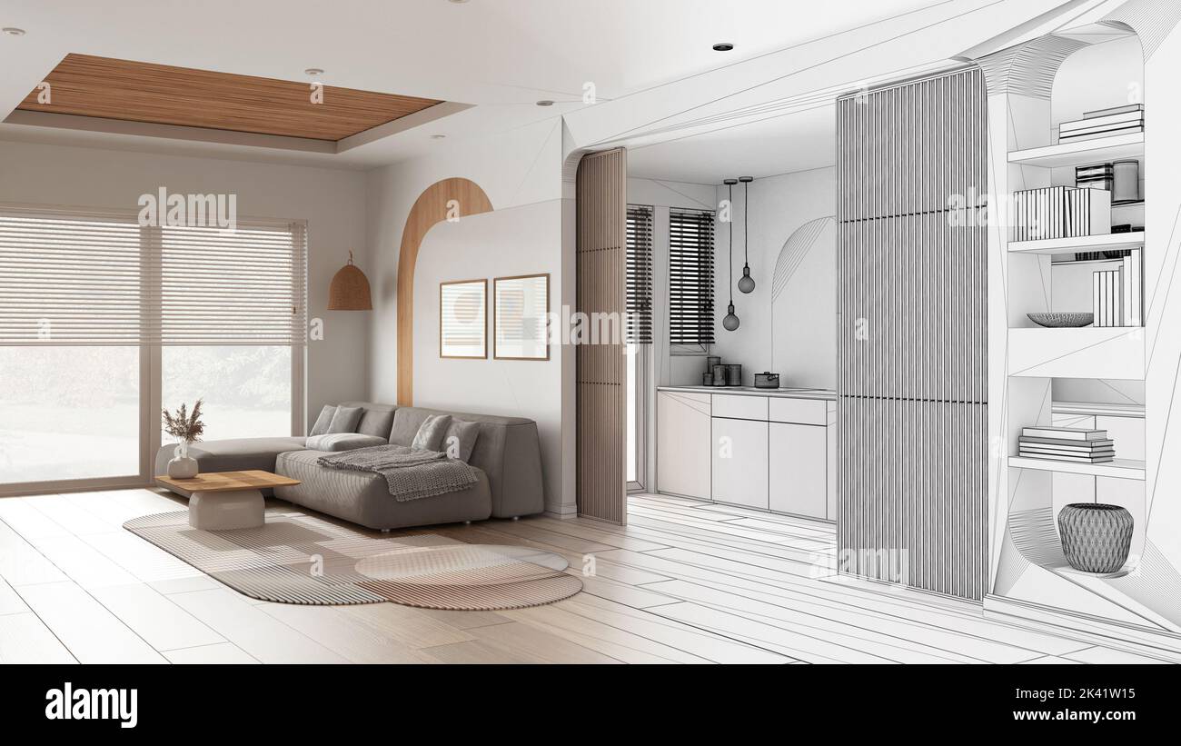 Architect interior designer concept: hand-drawn draft unfinished ...
