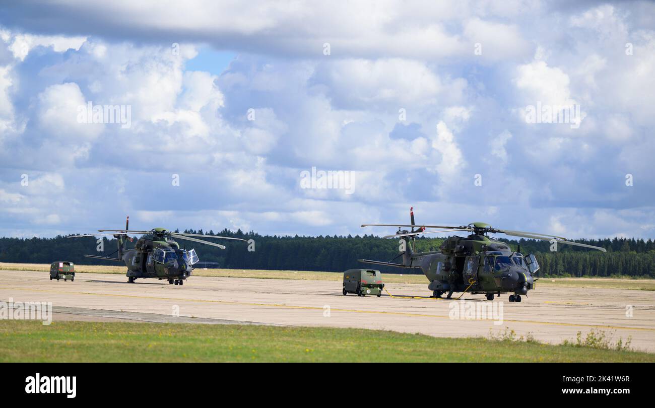 20 September 2022, Lower Saxony, Faßberg: Two NH90 multi-purpose ...