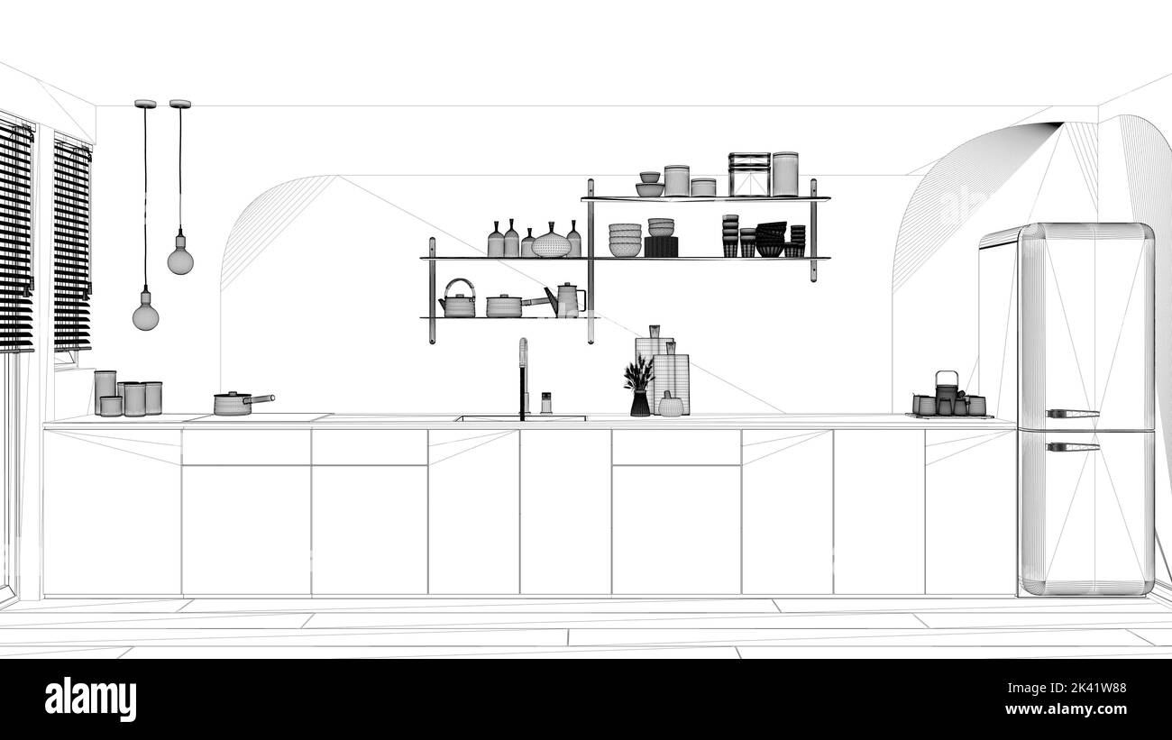 Blueprint project draft, modern contemporary kitchen, wooden cabinets ...